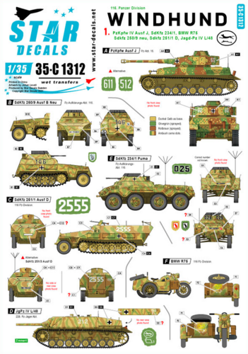 Star-Decals 35-C1312 Windhund # 1. PzKpfw IV Ausf J, SdKfz 234/1, BMW R75, Sdkfz 250/9 neu, Sdkfz 251/1 D, Jagd-Pz IV L/48