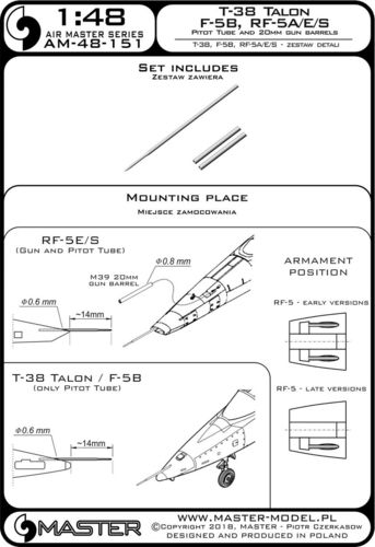 Master AM-48-151 T-38 Talon / F-5B / RF-5A, E, S - Pitot Tube and 20mm gun barrels