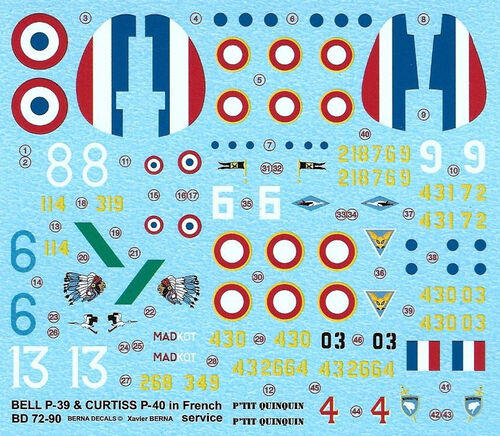 Berna Decals 72090 Bell P-39 (5 schemes) and Curtiss P-40 'Lafayette' (3 schemes) in French Service