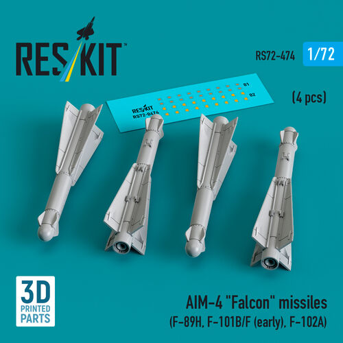 RES/KIT 72-0474 AIM-4 'Falcon' Missiles (4pcs) (F-89H, F-101B/F (Early), F-102A) (3D Printed)