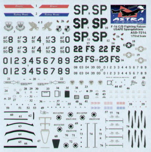 Astra Decals ASD7214 Lockheed Martin F-16 C/D Fighting Falcon USAFE Spangdahlem SP (3 schemes)