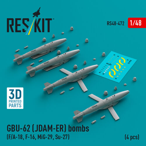 RES/KIT 48-0472 GBU-62 (JDAM-ER) Bombs (4 pcs) (F/A-18, F-16, MiG-29, Su-27) (3D Printed)