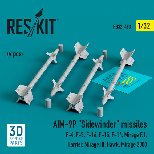 RES/KIT 32-0483 AIM-9P 'Sidewinder' Missiles (4pcs) (F-4, F-5, F-16, F-15, F-14, Mirage F.1, Harrier, Mirage III, Hawk, Mirage 2000) (3D Printed)