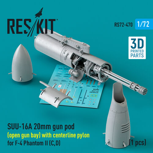 RES/KIT 72-0470 SUU-16A 20mm Gun Pod (Open Gun Bay) With Centerline Pylon For F-4 'Phantom II' (C, D) (1pc) (3D Printed)