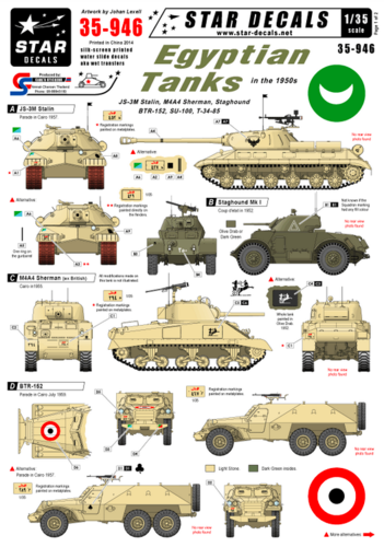 Star-Decals 35-946 Egyptian Tanks # 1. 1950s. BTR-152, M4A4, T-34-85, JS-3m Stalin… Reprinted