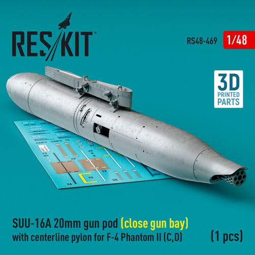 RES/KIT 48-0469 SUU-16A 20mm Gun Pod (Close Gun Bay) With Centerline Pylon For F-4 'Phantom II' (C, D) (1pc) (3D Printed)