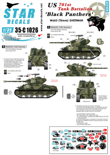 Star-Decals 35-C1026 US 761st Tank Battalion 'Black Panthers'. M4A3 (76) Sherman in NW Europe