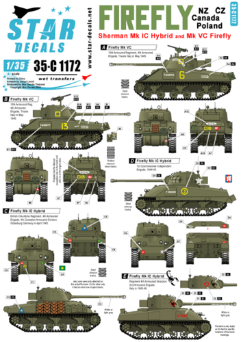 Star-Decals 35-C1172 Sherman Firefly. Firefly Mk IC Hybrid, and Mk VC. Canada, Poland, NZ and Czechoslovakia.
