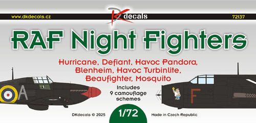 DKdecals 72137 RAF Night Fighters (Hurricane, Defiant, Havoc Pandora, Blenheim, Havoc Turbinlite, Beaufighter, Mosquito)