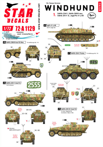 Star-Decals 72-A1129 Windhund # 1. 116. Pz Division Windhund. SdKfz 234/1, Sdkfz 250/9 neu, Sdkfz 251/1 D, Jagd-Pz IV L/48.