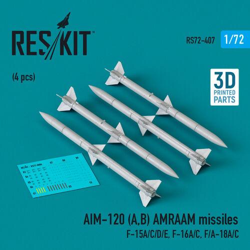 RES/KIT 72-0407 AIM-120 (A, B) AMRAAM Missiles (4pcs) (F-15A/C/D/E, F-16A/C, F/A-18A/C) (3D Printed)