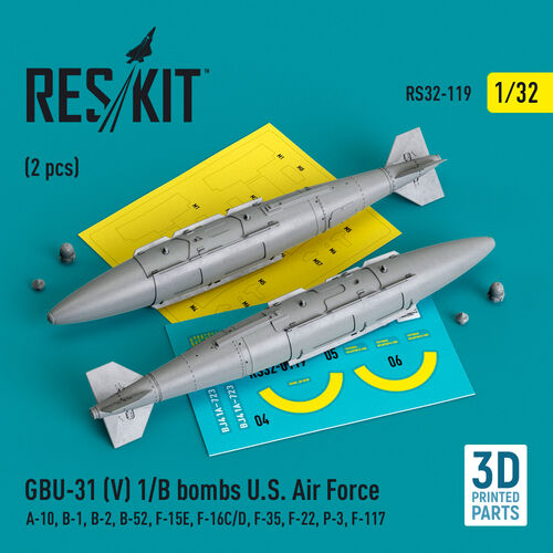 RES/KIT 32-0119 GBU-31 (V) 1/B Bombs U.S. Air Force (2pcs) (A-10, B-1, B-2, B-52, F-15E, F-16C/D, F-35, F-22, P-3, F-117) (3D Printed)