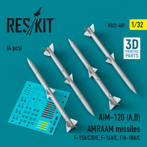RES/KIT 32-0407 AIM-120 (A, B) AMRAAM Missiles (4pcs) (F-15A/C/D/E, F-16A/C, F/A-18A/C) (3D Printed)