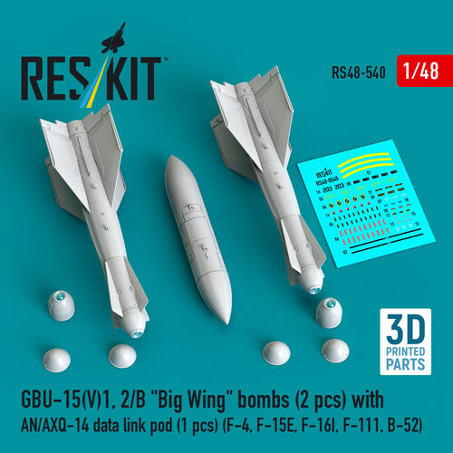 RES/KIT 48-0540 GBU-15(V)1, 2/B 'Big Wing' Bombs (2pcs) With AN/AXQ-14 Data Link Pod (1pc) (F-4, F-15E, F-16I, F-111, B-52) (3D Printed)