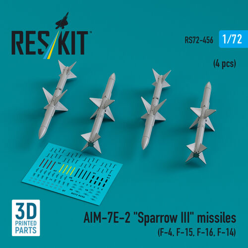 RES/KIT 72-0456 AIM-7E-2 'Sparrow III' Missiles (4 pcs) (F-4, F-15, F-16, F-14) (3D Printed)