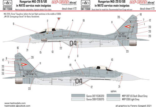 HAD Models 72008 MiG-29 B / UB - Hungrian Air Force NATO Dry-Water Decal Sheet