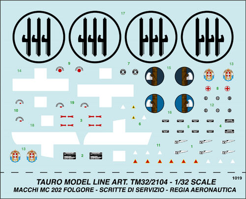 TAURO MODEL 32-2104 Macchi MC.202 Folgore - Regia Aeronautica National Insignas and Data Stencillings