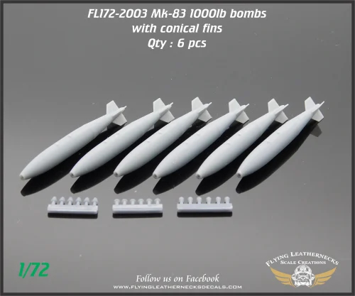 Flying Leathernecks 172-2003 Mk-83 1000lb bombs with conical fins - 3D-Printed (6 pcs)