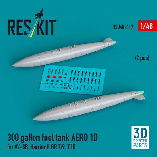 RES/KIT U48-0417 300 Gallon Fuel Tank AERO 1D For AV-8B, Harrier II GR.7/9, T.10 (2 pcs) (3D Printed)