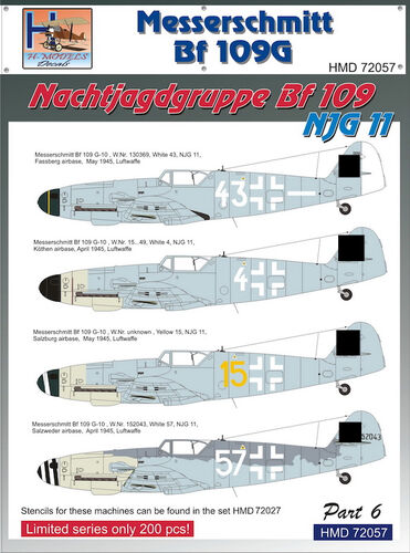 H-Model Decals D72057 Messerschmitt Bf-109 G-10 - Nachtjagdgruppe (NJG 11) Bf-109 (Part 6)