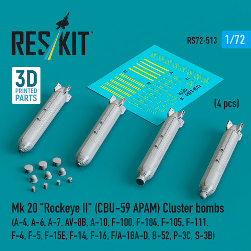 RES/KIT 72-0513 Mk 20 'Rockeye II' (CBU-59 APAM) Cluster Bombs (A-4, A-6, A-7, AV-8B, A-10, F-100, F-104, F-105, F-111, F-4, F-5, F-15E, F-14, F-16, F/A-18A-D, B-52, P-3C, S-3B) (4pcs) (3D Printed)