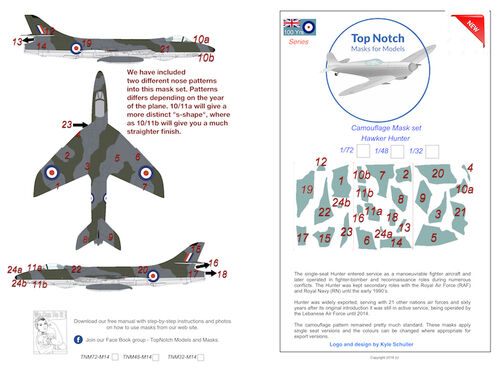TopNotch 72-M014 Hawker Hunter FGA.9 / Mk.58 / F.6 - camouflage pattern paint masks (for Airfix, Frog, Novo and Revell kits)