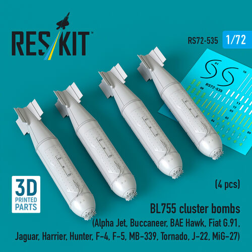 RES/KIT 72-0535 BL755 Cluster Bombs (4pcs) (Alpfa Jet, Buccaneer, BAE Hawk, Fiat G.91, Jaguar, Harrier, Hunter, F-4, F-5, MB-339, Tornado, J-22, MiG-27) (3D Printed)