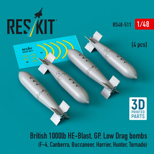 RES/KIT 48-0511 British 1000lb HE-Blast, GP, Low Drag Bombs (4pcs) (F-4, Canberra, Buccaneer, Harrier, Hunter, Tornado) (3D Printed)