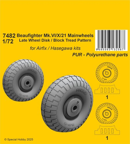 CMK K7482 Beaufighter Mk.VI/X/21 Mainwheels - Late Wheel Disk / Block Tread Pattern (For Airfix/Hasegawa)