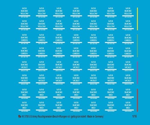 Peddinghaus-Decals 3700 US Army Smoke Grenades Markings, Vietnam Area - Red, Yellow, Green, Purple, Complete White Print