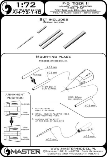 Master AM-72-140 F-5 Tiger II "Freedom Fighter" (shark nose versions) - F-5 E, F - Pitot Tube and 20mm gun barrels