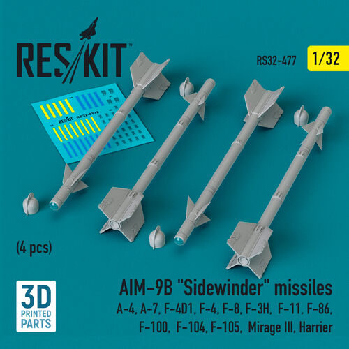 RES/KIT 32-0477 AIM-9B 'Sidewinder' Missiles (4pcs) (A-4, A-7, F-4D1, F-4, F-8, F-3H, F-11, F-86, F-100, F-104, F-105, Mirage III, Harrier) (3D Printed)