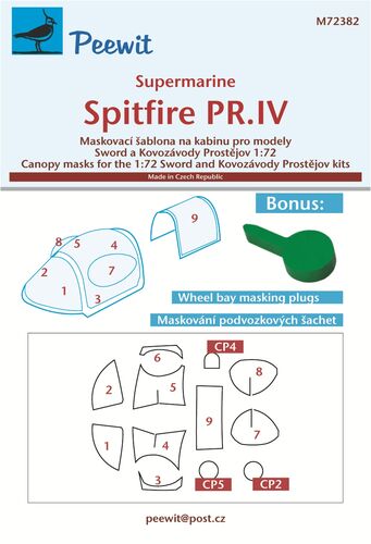 Peewit 72382 Supermarine Spitfire PR.IV - Canopy Mask and Bonus (for Sword and Kovozavody Prostejov Kits)