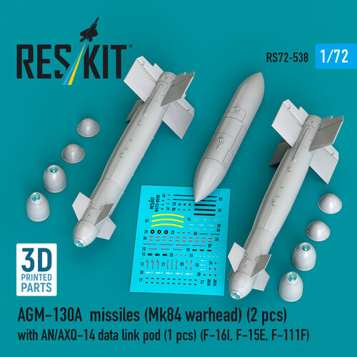 RES/KIT 72-0538 AGM-130A Missiles (Mk84 Warhead) (2pcs) With AN/AXQ-14 Data Link Pod (1pc) (F-16I, F-15E, F-111F) (3D Printed)