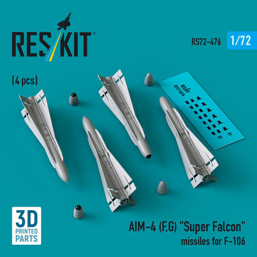RES/KIT 72-0476 AIM-4 (F, G) 'Super Falcon' Missiles For F-106 (4pcs) (3D Printed)