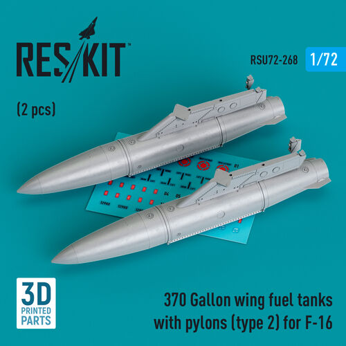 RES/KIT U72-0268 370 Gallon Wing Fuel Tanks With Pylons (Type 2) For F-16 (2pcs) (3D Printed)