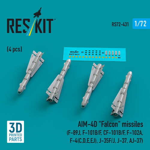 RES/KIT 72-0431 AIM-4D 'Falcon' Missiles (4pcs) (F-89J, F-101B/F, CF-101B/F, F-102A, F-4(C, D, E, EJ), J-35F/J, J-37, AJ-37) (3D Printed)