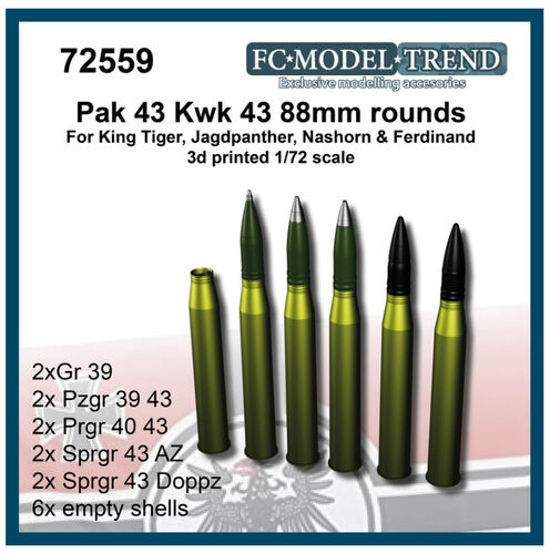 FC ModelTrend 72559 88mm Rounds for: Pak43/Kwk 43, King Tiger, Jagdpanther, Nashorn & Elefant (3D-printed)