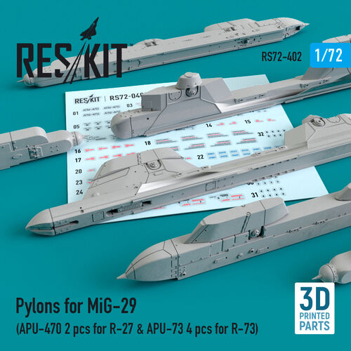 RES/KIT 72-0402 Pylons for MiG-29 APU-470 2 pcs for R-27 & APU-73 2 pcs for R-73