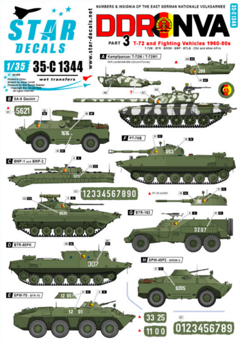 Star-Decals 35-C1344 DDR-NVA # 3. East Germany. T-72 and AFVs 1960-80s. Generic smaller numbers, and national insignia.