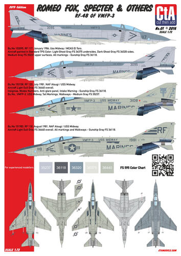 CtA Cut then Add 001 "Romeo Fox, Specter & Others" - McDonnell RF-4B Phantom of VMFP-3, 3 Marking options, Low Visibility Laserprinted
