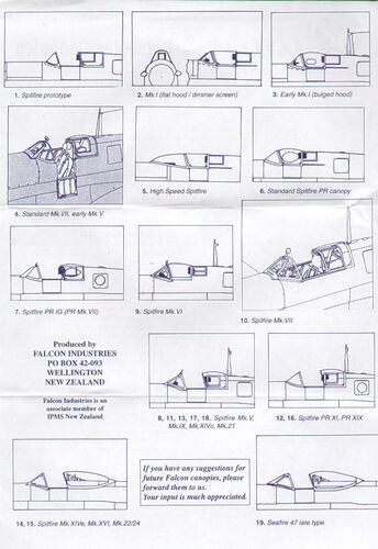 Falcon Model V4172 Supermarine Spitfire Special: Supermarine Spitfire Prototype/early Mk.I (designed to be used with Tamiya kits) Supermarine Spitfire Mk.I with flat hood and dimmer screen (design...