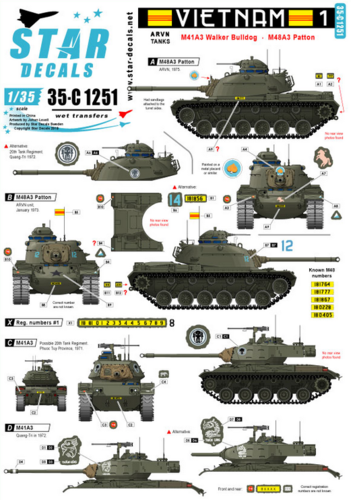 Star-Decals 35-C1251 Vietnam # 1. ARVN M41 Walker Bulldog and M48A3 Patton in South Vietnam army.