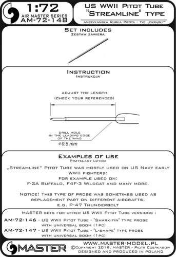 Master AM-72-148 US WWII Pitot Tube - "Streamline" type probe (1 pc) - mainly used on US Navy early aircrafts (e.g. F-2A Buffalo, F4F-3 Wildcat)