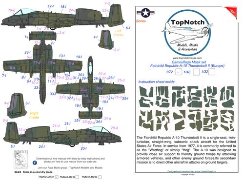 TopNotch 72-M232 Republic A-10 Thunderbolt II - Europe Camouflage Pattern Paint Mask (for Academy, Airfix, Hasegawa, Hobby Boss, Italeri, Monogram, Revell and Tamiya kits)
