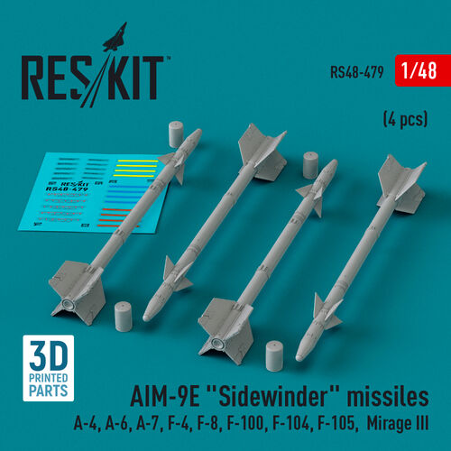 RES/KIT 48-0479 AIM-9E 'Sidewinder' Missiles (4pcs) (A-4, A-6, A-7, F-4, F-8, F-100, F-104, F-105, Mirage III) (3D Printed)