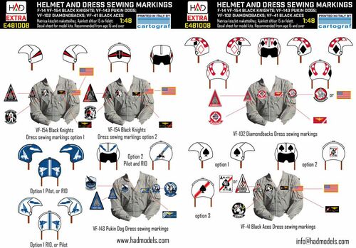 HAD Models E481008 F-14A/D helmet and dress sewing markings VF-143 VF-213 VF-41 decal sheet