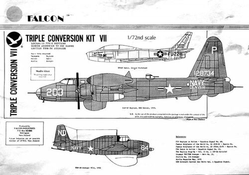 Falcon Model VC007 Grumman TBM-5W Avenger, Lockheed P2V-5 Neptune and North-American TF-86F Sabre (designed to be used with Airfix, Hasegawa and Heller kits respectively) [P2V-7 P-2C P2V-7 PV7 TBF...