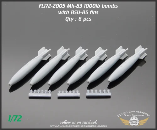 Flying Leathernecks 172-2005 Mk-83 1000lb bomb with BSU-85 fins 3D-Printed (6 pcs)