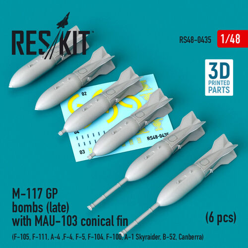 RES/KIT 48-0435 M-117 GP Bombs (Late) With MAU-103 Conical Fin (6 pcs) (F-105, F-111, A-4 ,F-4, F-5, F-104, F-100, A-1 Skyraider, B-52, Canberra)